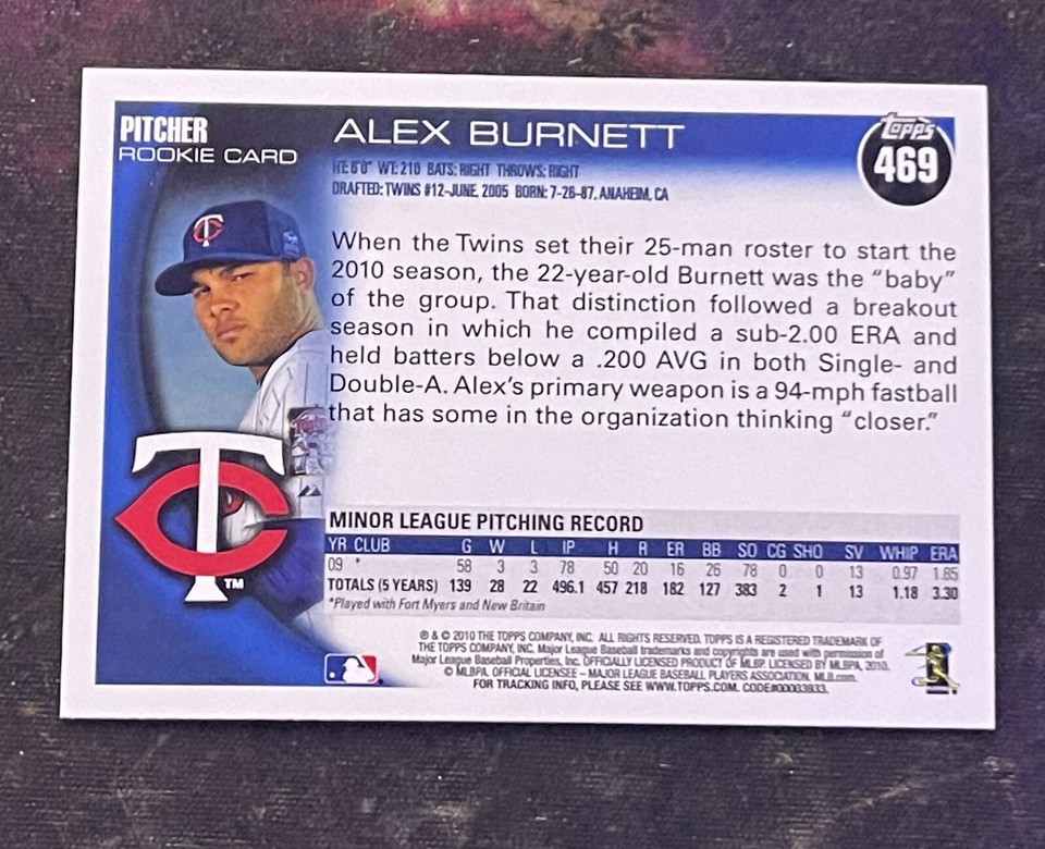 TOPPS 2010 MLB ALEX BURNETT #469 PITCHER MINNESOTA TWINS ROOKIE ...