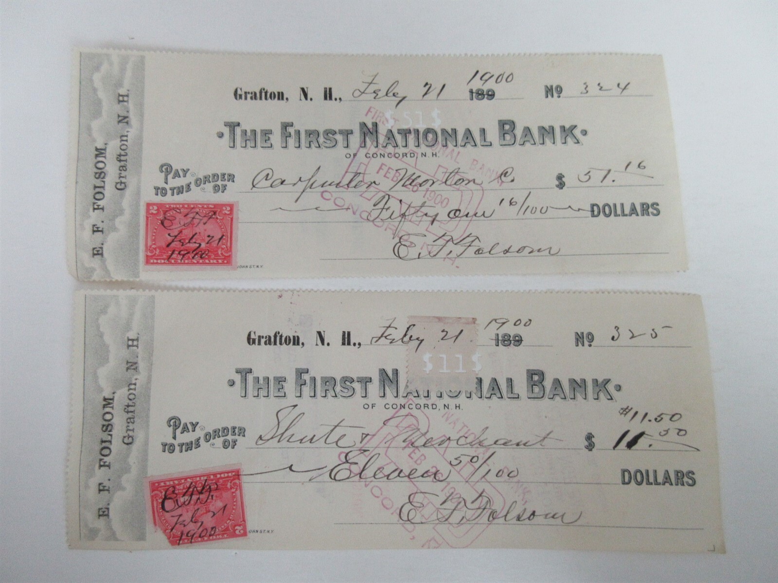 2c documentary stamp revenue 1900 check First National Bank Grafton NH ...