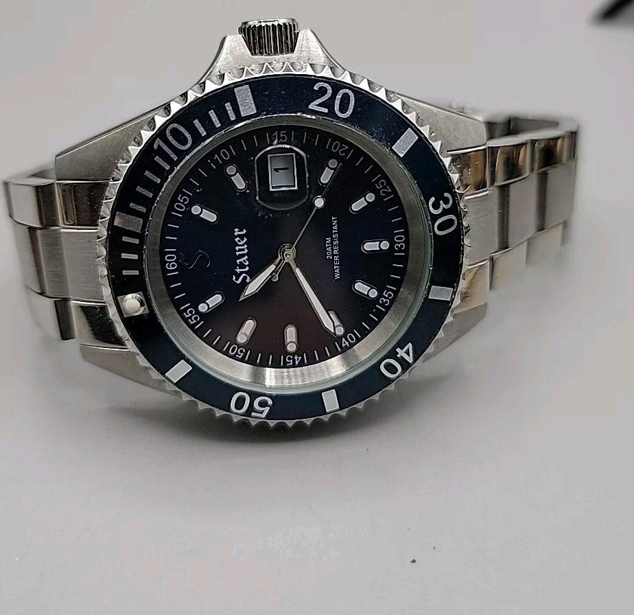 Stauer Excursion Mens Dive Quartz Watch 43" 7" Silver Tone Band Day ...