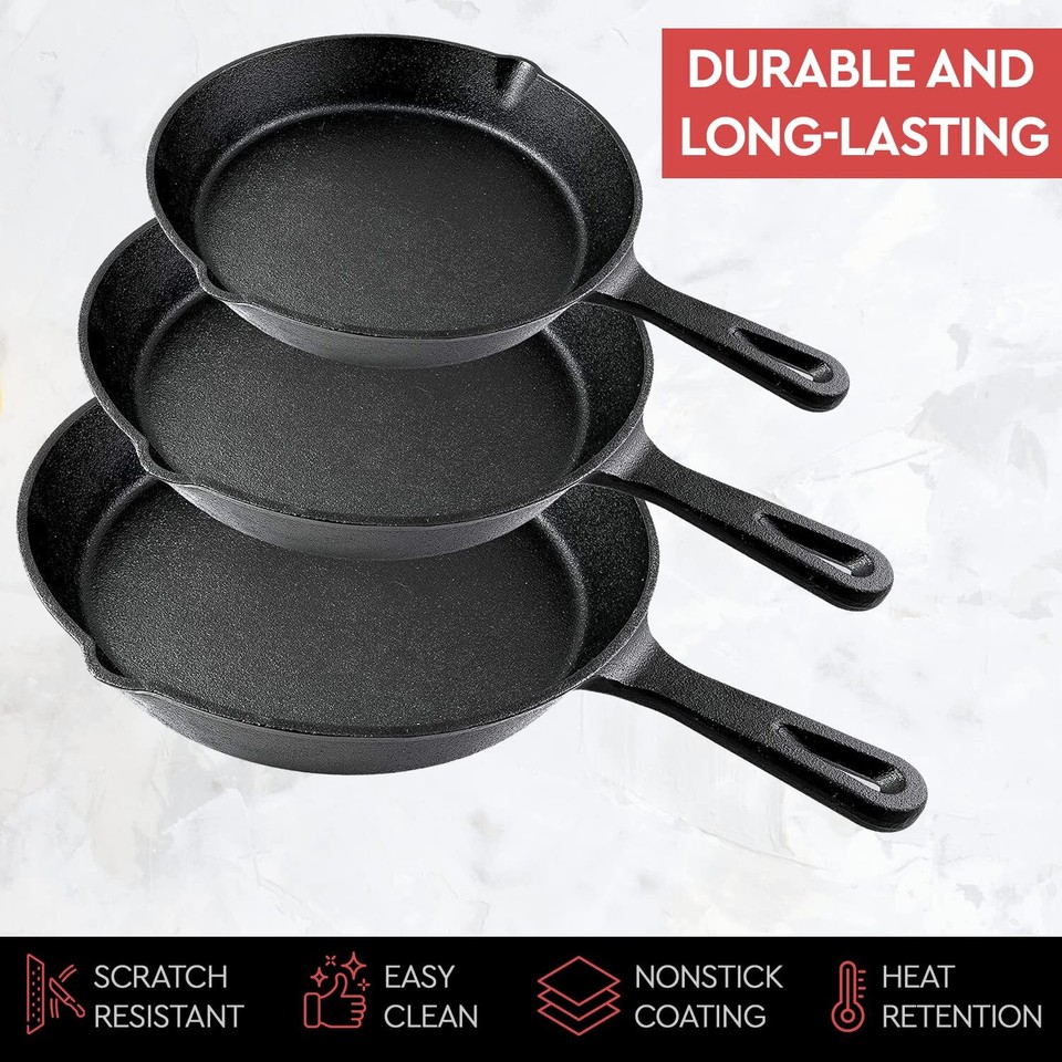 Cast Iron Skillet 3-Piece Set - Heavy-Duty Professional Restaurant Chef ...
