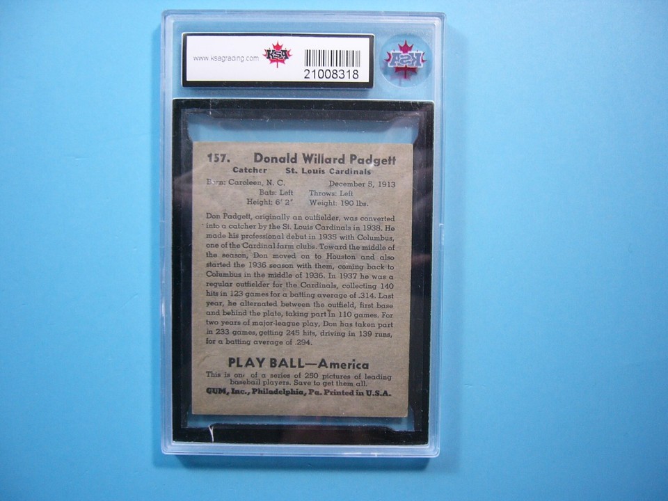 1939 PLAY BALL MLB BASEBALL CARD #157 DONALD PADGETT ROOKIE RC KSA 6 EX ...