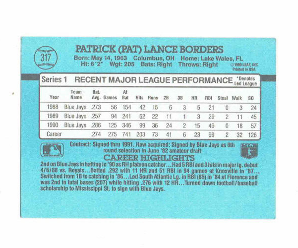 Pat Borders Toronto Blue Jays Catcher #317 Donruss 1991 #Baseball Card ...