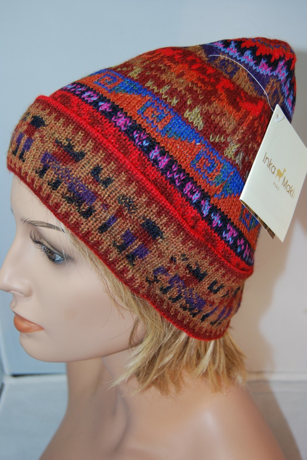 Inka Maki Alpaca Peruvian Beanie Hat Patterned Reversible Multicolor ...