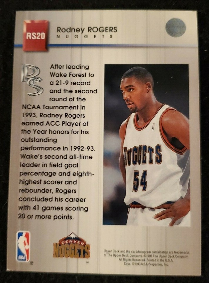 1993 RODNEY ROGERS Upper Deck Basketball #RS20 - Denver Nuggets Rookie ...