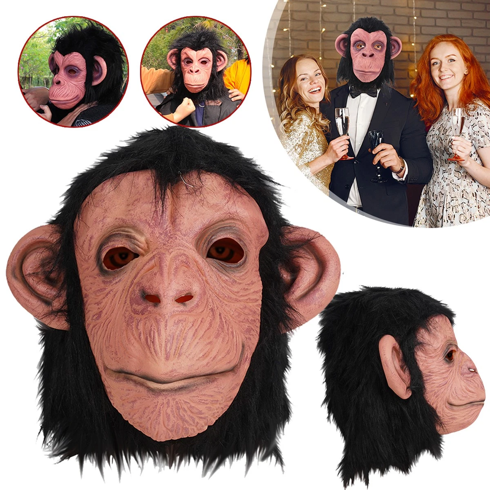 Realistic Monkey Mask Full Head Latex Animal Face Mask Halloween Fancy ...