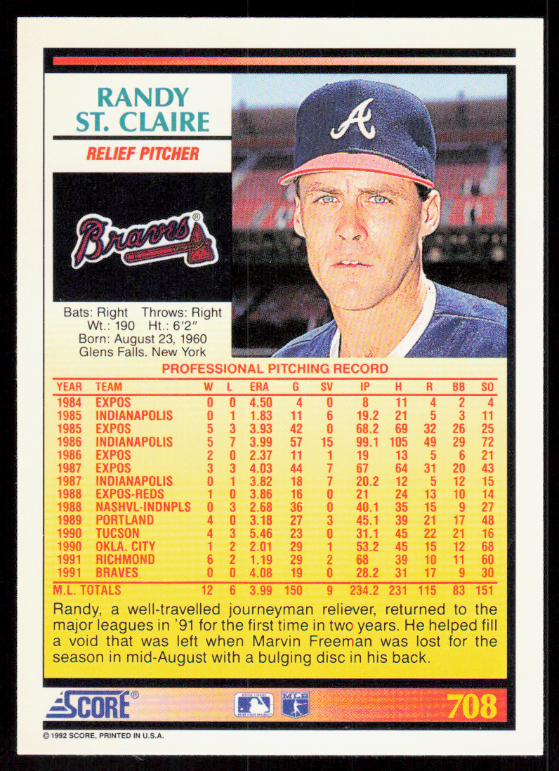 1992 Score - #708 Randy St. Claire for sale online | eBay
