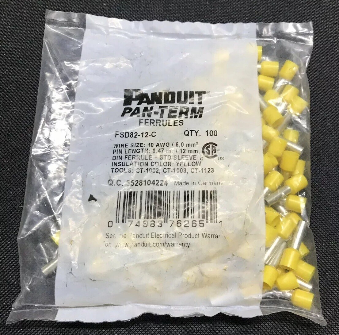 100 x Panduit FSD82-12 Pan-Term Ferrules - 10 AWG 12mm Yellow - FSD82 ...