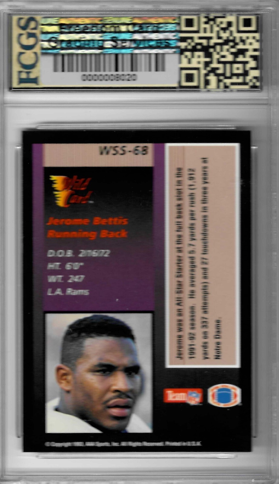 1993 Wild Card Jerome Bettis RC Stat Smashers #WSS-68 Graded FCGS 10 ...