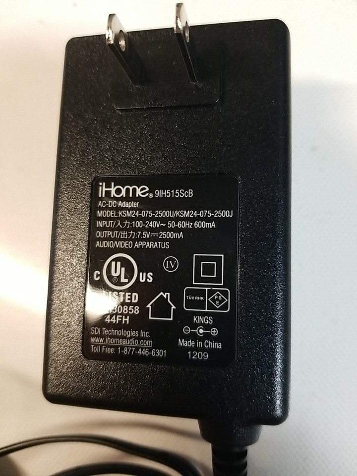 Genuine iHOME 9IH515ScB Power Supply 7.5V 2500mA AC/DC Adapter KSM24 ...