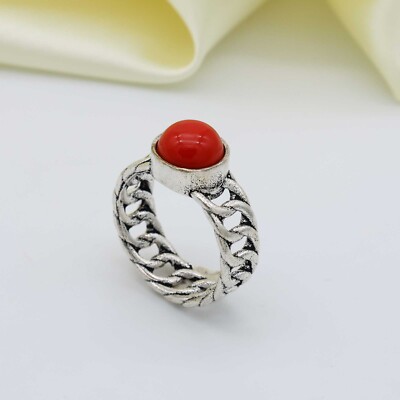Natural Red Coral Round Gemstone ring, 925 Sterling Silver ring, Zodiac ...