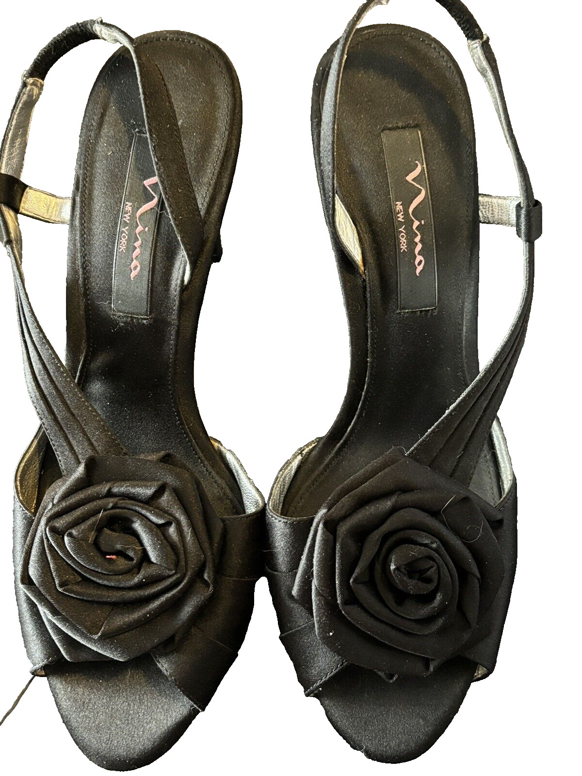 NINA Black Satin Slingback Heels Peep Toe Pump With F… - Gem