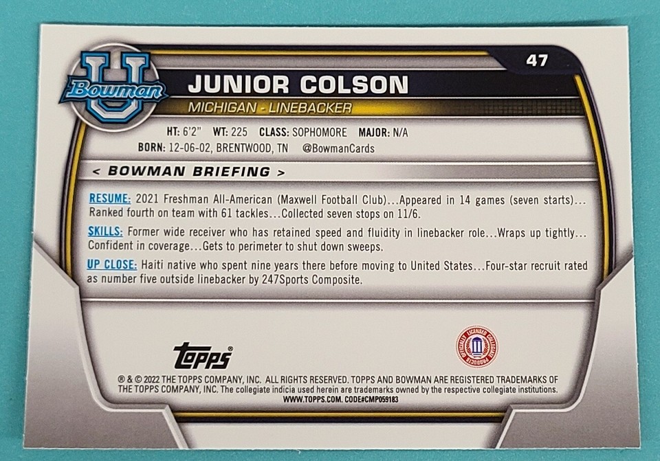 2022 Bowman University Chrome #47 Junior Colson Michigan Wolverines ...