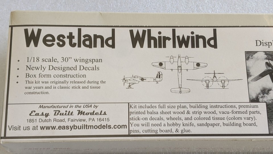 Easy Built Models WESTLAND WHIRLWIND 1/18 Scale Display Model Plane Kit ...