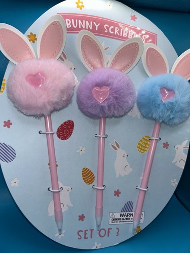 Easter Pens Set of 3 Pastel Fluffy Bunny Hearts Rabbits Stationary ...