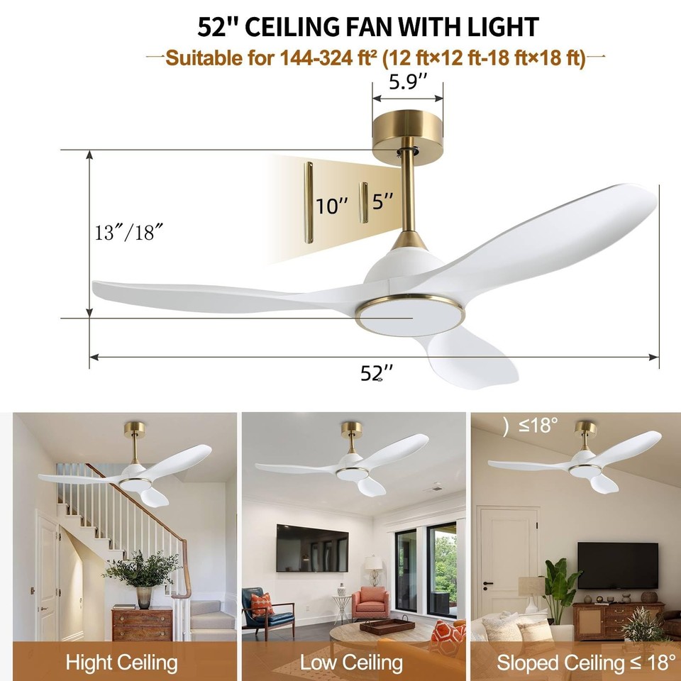 52 Inch 6 Speed High CFM Quiet DC Motor Modern Ceiling Fan with Lights ...