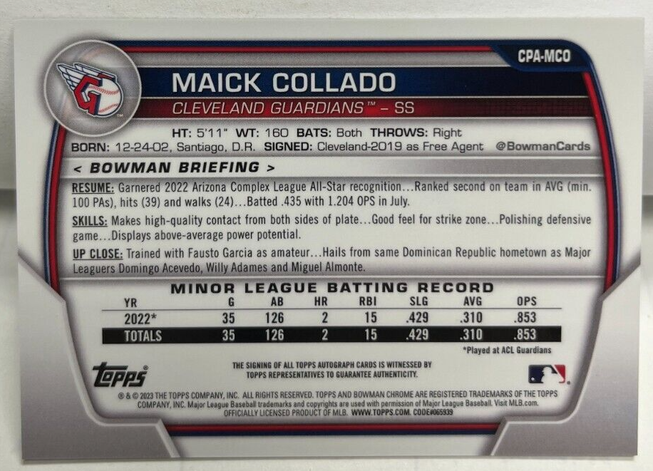 Maick Collado 2023 Bowman Chrome Prospect Autograph Auto GREEN Ray ...