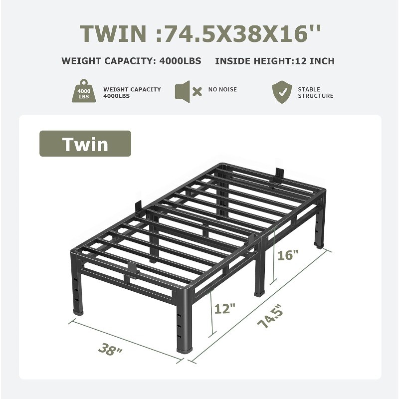 Twin Size Bed Frame16 Inch Metal Bed Frame Box Spring2 in 1Platform ...