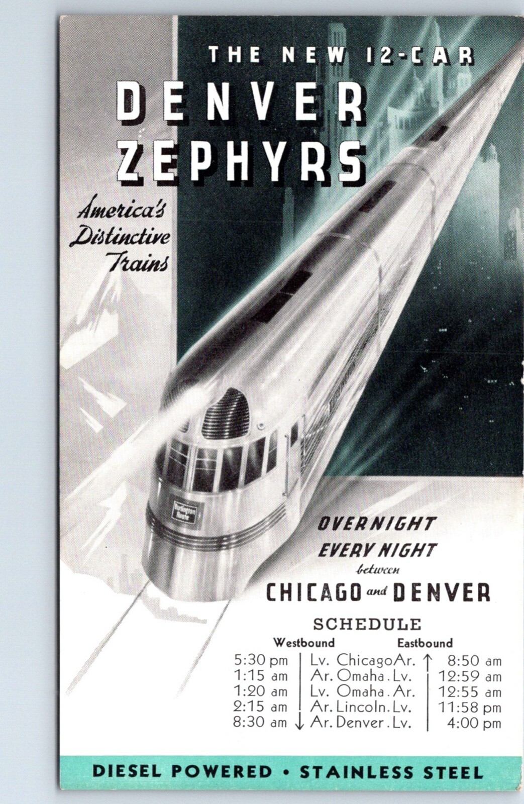 postcard Burlington Route Railroad Denver Zephyrs Chicago - Denver ...