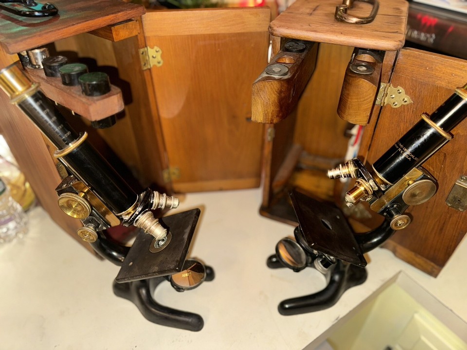 PAIR! PAIR! Antique Bausch & Lomb Brass Microscopes, With Wood Boxes ...
