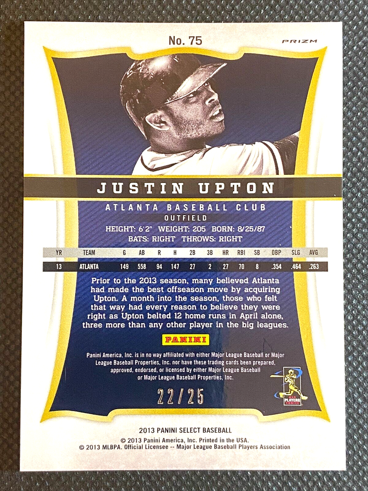 2013 SSP 22/25 JUSTIN UPTON GOLD PRIZM SELECT #75 H539 | eBay