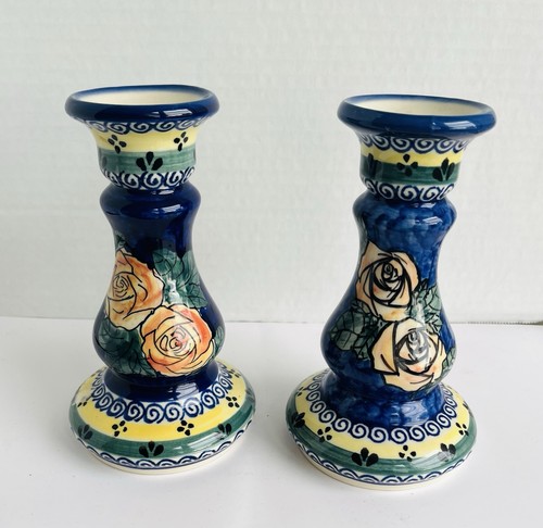 Hand Painted Polish Pottery Style Candlestick Pair Roses Blue Signed WM ...
