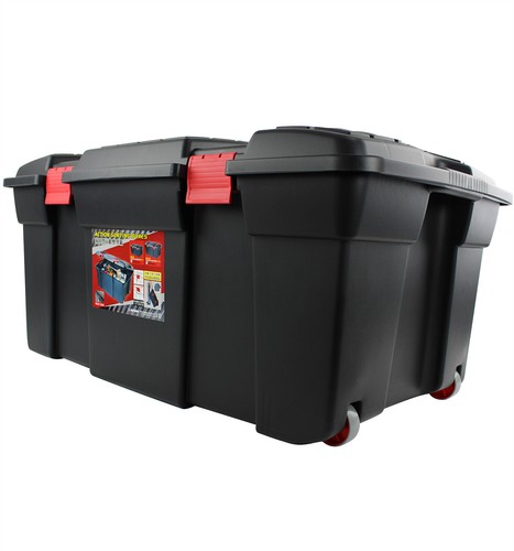 Heavy Duty Black 105L Storage Box Tub With Lid & Wheels 83cm x 53cm x ...