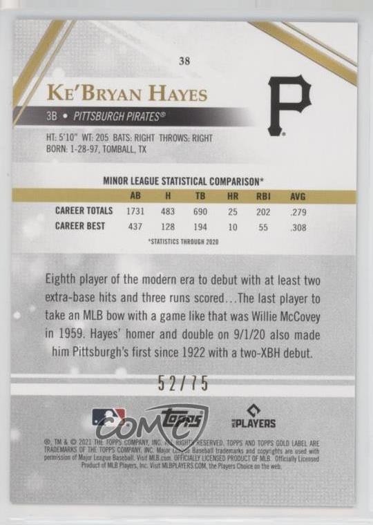 2021 Topps Gold Label Class 2 Purple 52/75 Ke'Bryan Hayes #38 Rookie RC ...