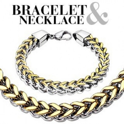 Stainless Steel Box Weave Chain Link Gold IP Duo Tone Bracelet Necklace ...