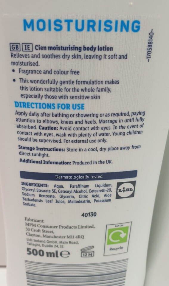 Moisturising Body Lotion 3x 500ml Sensitive Skin Fragrance Free Cien ...
