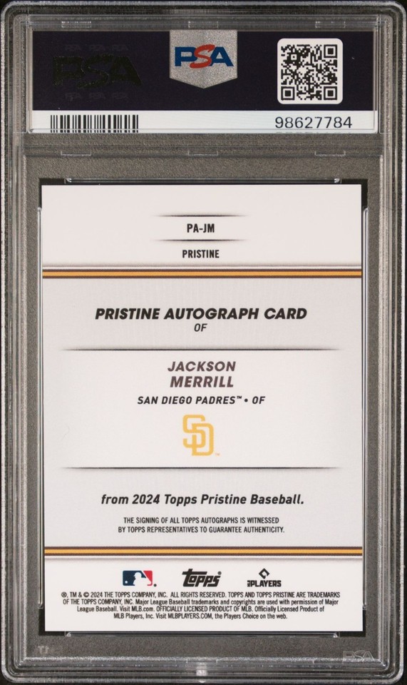 2024 Topps Pristine Jackson Merrill RC Pristine Blue Auto /75 PSA 10 ...