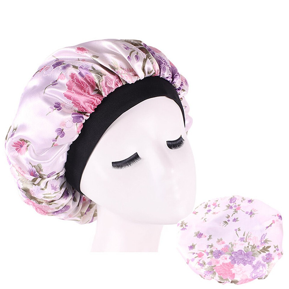 US Women Satin Night Sleep Cap Hair Bonnet Hat Silk Head Cover Wide ...
