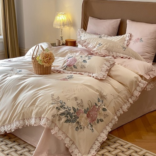 Purple Flowers Embroidery Chic Lace Duvet Cover 4Pcs Egyptian Cotton ...