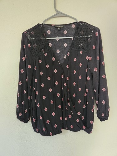 Express Women’s Blouse Black With Diamond Pattern Long Sleeve Rayon ...