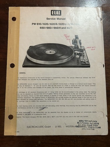 ELAC PW610 620 620B 660H 40C Turntable Record Player Service Manual ...