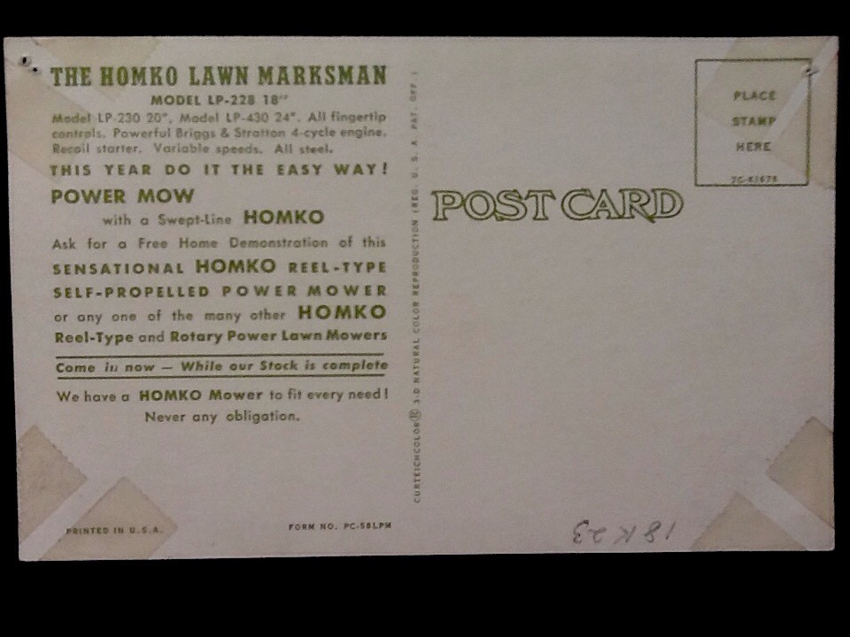 c1950 The Homko Lawn Marksman Advertising Campaign Vintage Postcard | eBay