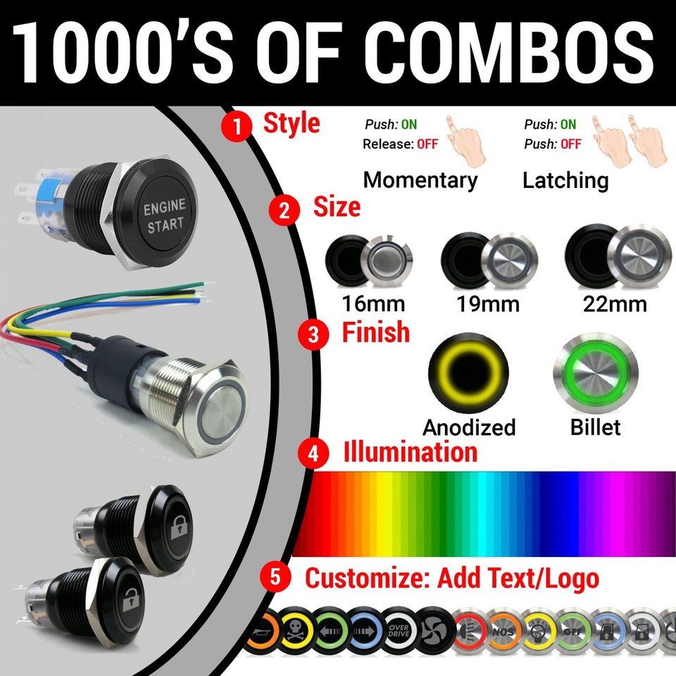 19mm Black 12V Latching Push Button Switch White and/or Orange LED ...