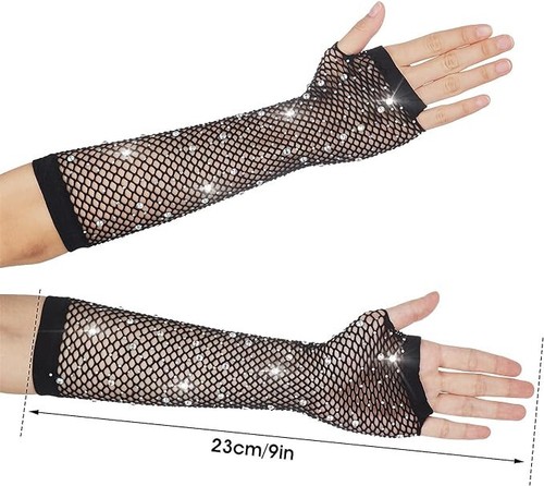 Fingerless Fishnet Arm Gloves Black Rhinestone Cosplay Parties ...