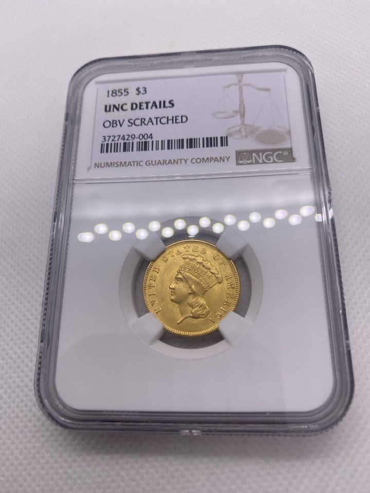 1855 $3 Three Dollar Gold Coin NGC UNC Beautiful Original Early US Gold ...