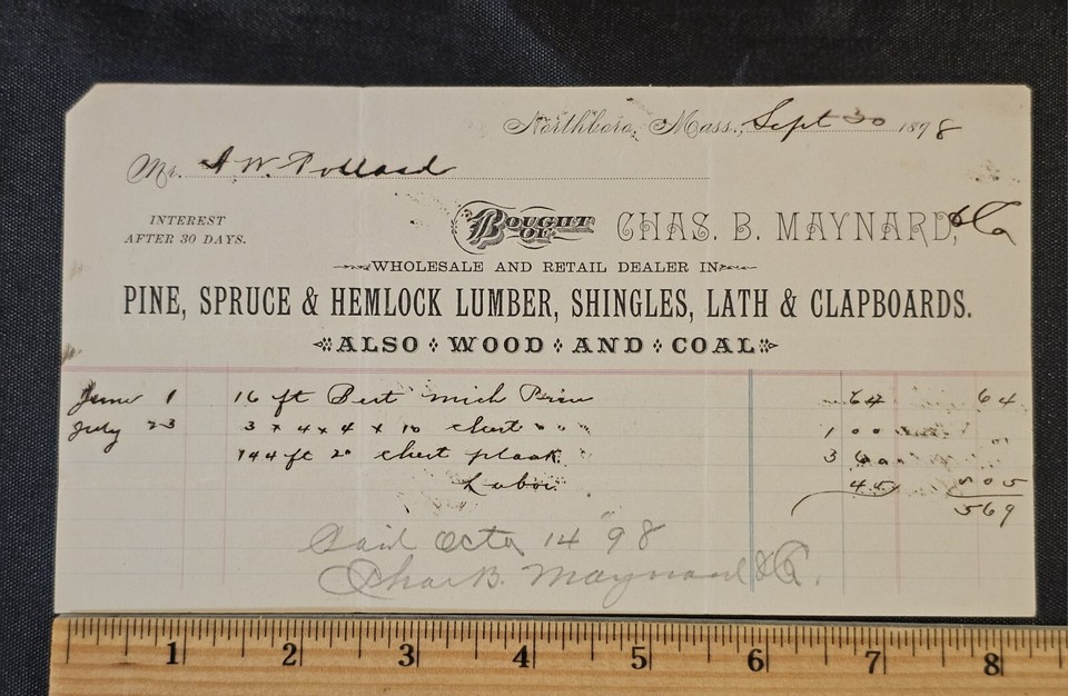 1898 Chas B Maynard Pine Spruce Hemlock Lumber Wood Coal Billhead ...