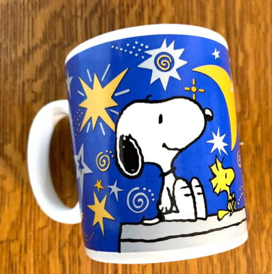 Rare Snoopy Peanuts Mug Cup Schulz Blue Fireworks Moon Stars Benjamin ...