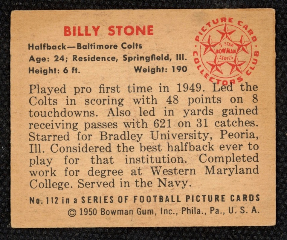 1950 Bowman #112 Billy Stone ** Baltimore Colts ~ EX+ | eBay