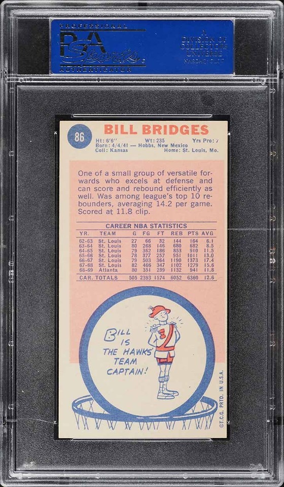 1969 Topps BkB Card # 86 Bill Bridges Atlanta Hawks ROOKIE RC PSA 7 ...