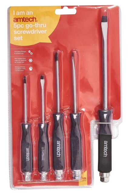 Amtech Impact Go Thru Screwdriver Set 5x Magnetic Tip Phillips Slotted ...