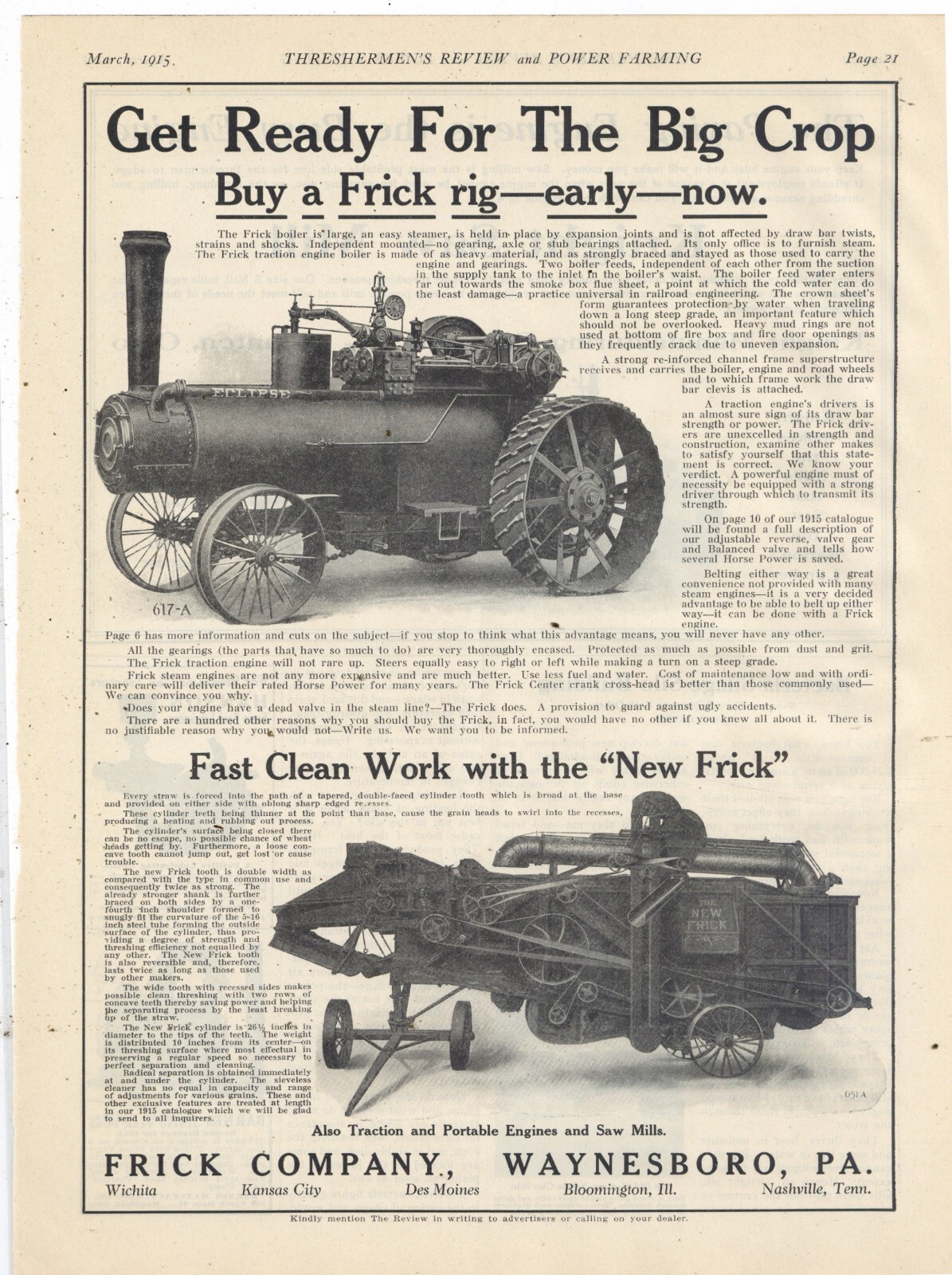 1915 Frick Co. Ad: Eclipse Steam Tractor, Traction Engine, Thresher ...
