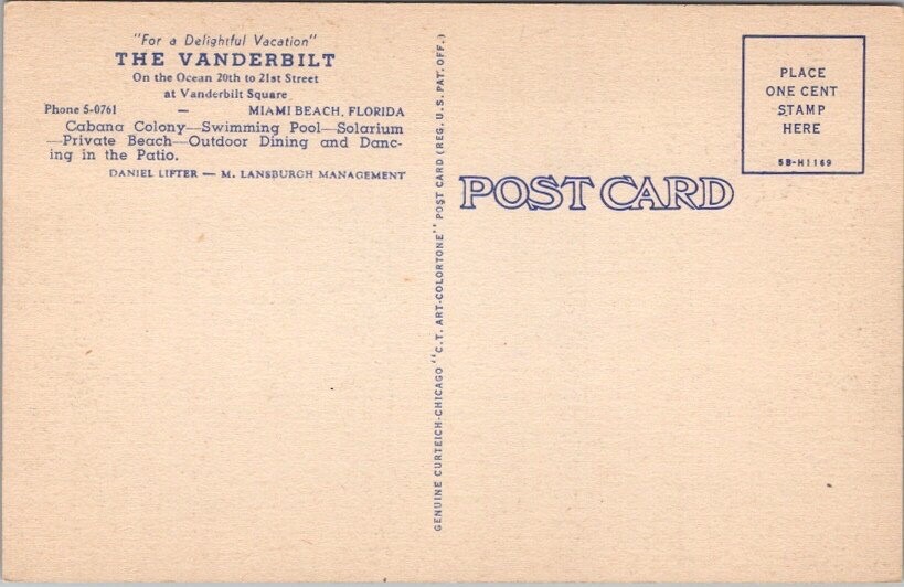 Miami Beach, Florida Postcard THE VANDERBILT HOTEL Pool Scene / Linen ...