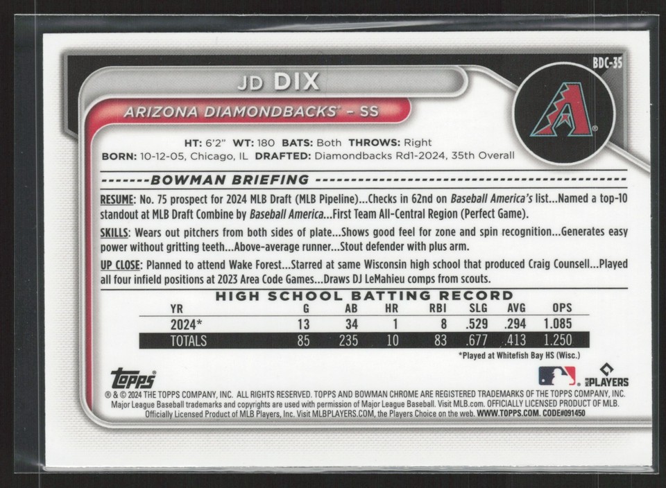 2024 BOWMAN CHROME JD DIX 1ST BOWMAN PURPLE CRATER REFRACTOR #D 030/199 ...