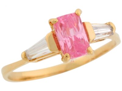 10k or 14k Yellow Gold Cute Pink Octagon Side White Baguette CZ October ...