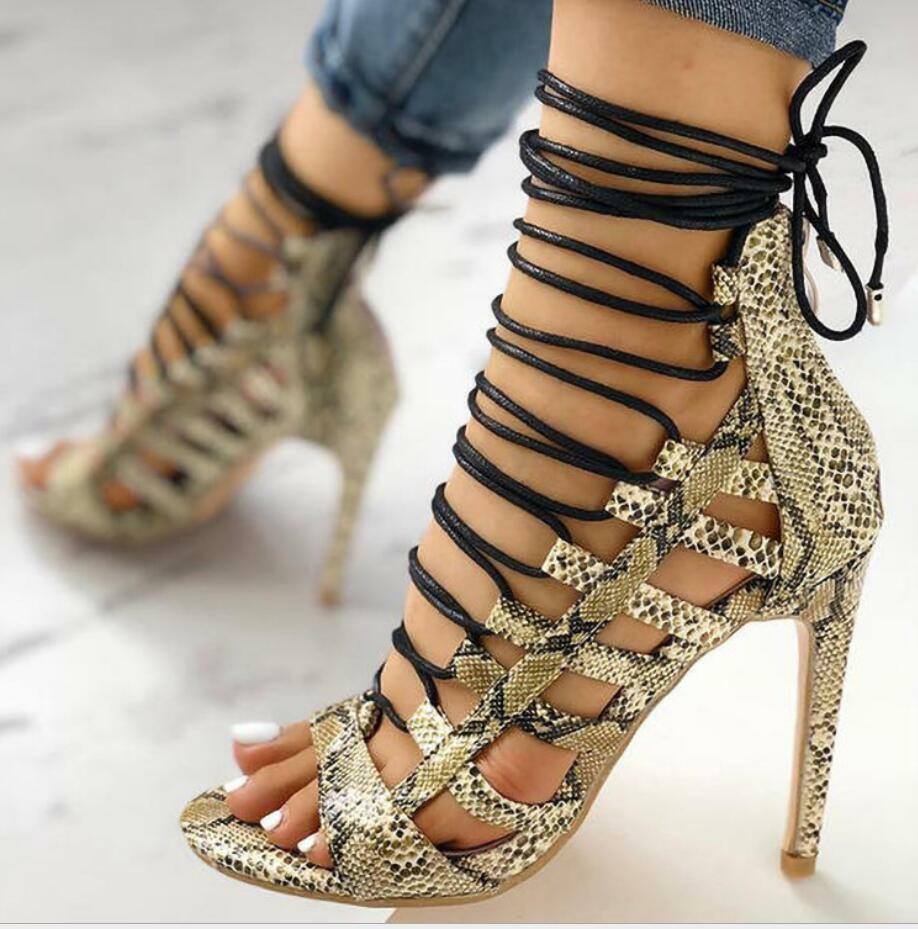 Women's Strappy Hollow Stiletto High Heels Lace Up Roman Sandals ...