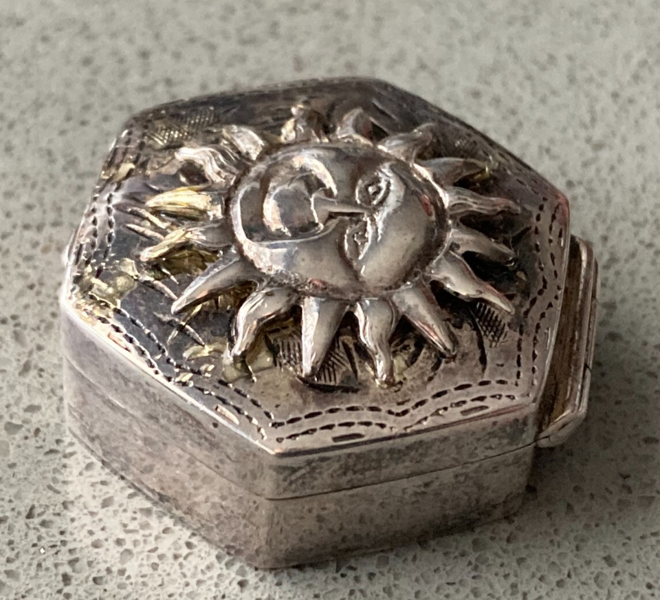 Sterling Silver Vintage Etched Small Hexagon Box with Sun Face | eBay