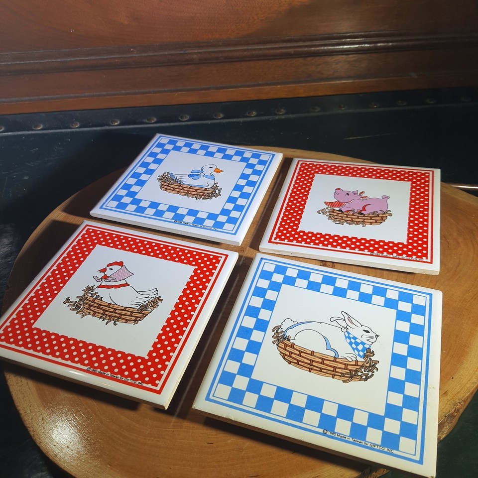 Vintage Cathay Tile 4.5" Country Farm Animal Checker Decor Pig Goose ...